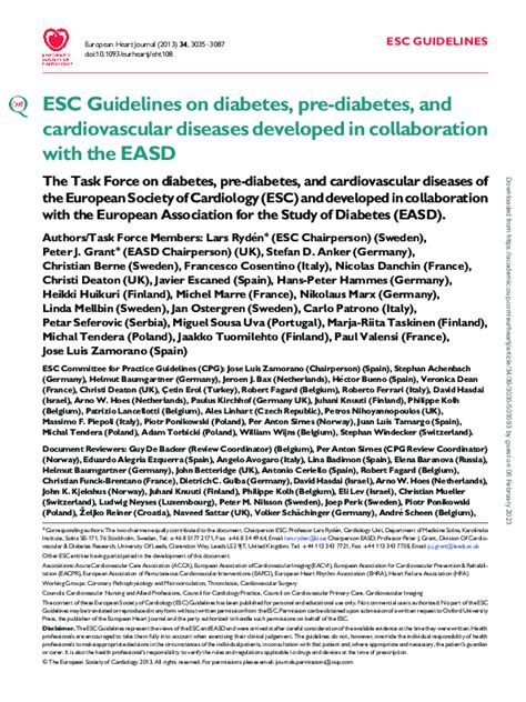 Pdf Esc Guidelines On Diabetes Pre Diabetes And Cardiovascular