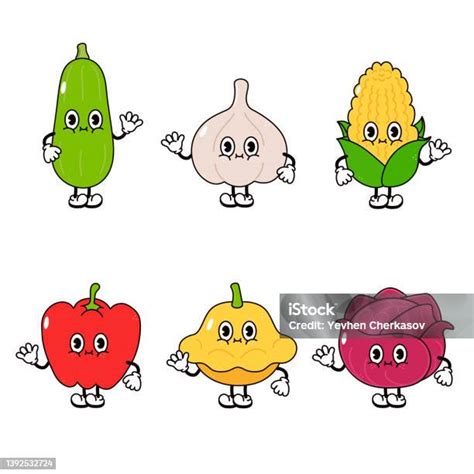 재미 귀여운 행복한 야채 캐릭터 번들 세트 벡터 손으로 그린 만화 카와이 캐릭터 일러스트 레이 션 아이콘 고립 된 흰색 배경 귀여운 야채 골수 마늘 옥수수 후추 스쿼시
