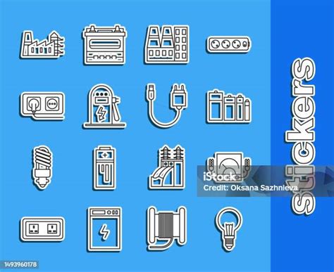 아이디어 암페어 미터 멀티 미터 전압계 배터리 발전소 공장 및 공장 전기 자동차 충전 전기 콘센트 및 충전기 아이콘의 개념으로 전구를 설정합니다 벡터 0명에 대한 스톡 벡터