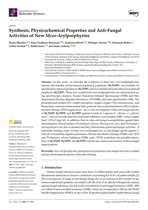 Pdf Synthesis Physicochemical Properties And Anti Fungal Activities Of New Meso Arylporphyrins