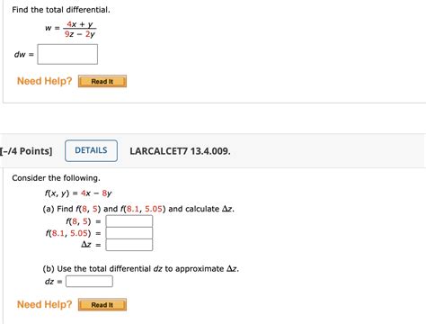 Solved Find The Total Differential W 4x Y 9z 2y Dw