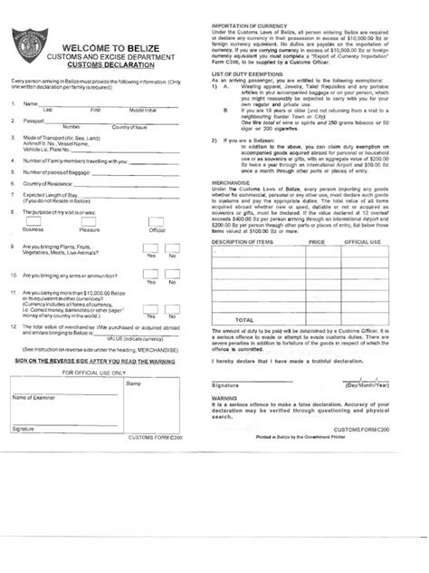 Belize Customs Declaration Form Pdf Money Customs