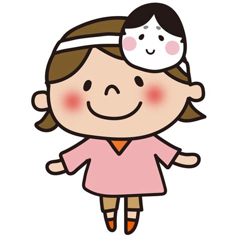 節分でおたふくのお面をかぶった子供（女の子1）の無料フリーイラスト かわいい手描きの無料素材「てがきっず」保育園・小学校・介護施設にぴったりのフリー素材イラスト