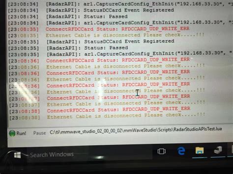 dca1000evm etherent cable is disconnected please check sensors forum sensors ti e2e