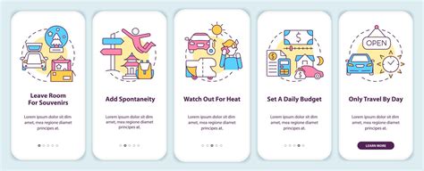 Road Trip Advices Onboarding Mobile App Screen Car Travel Walkthrough 5 Steps Editable Graphic