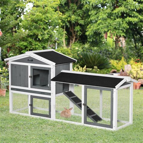 Pawhut Wooden Rabbit Hutch With Run Tray Ramp For 1 3 Rabbits White