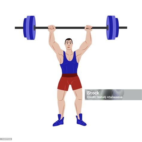 남자는 바벨을 머리 위로 들어 올려 팔 길이로 잡았다 흰색 배경에 고립된 벡터 플랫 일러스트레이션입니다 근육질 체격에 대한 스톡 벡터 아트 및 기타 이미지 Istock