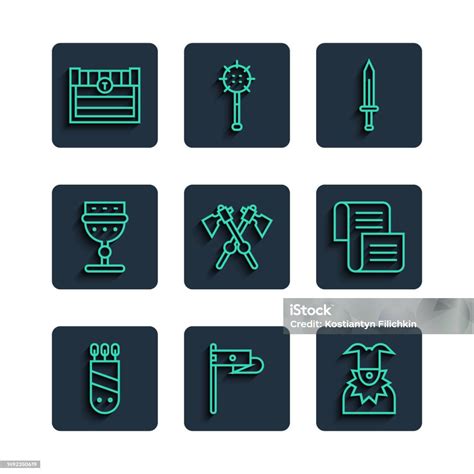 화살 중세 깃발 조커 머리 검 교차 중세 도끼 잔 골동품 보물 상자 및 법령 양피지 두루마리 아이콘으로 라인 떨림을 설정합니다