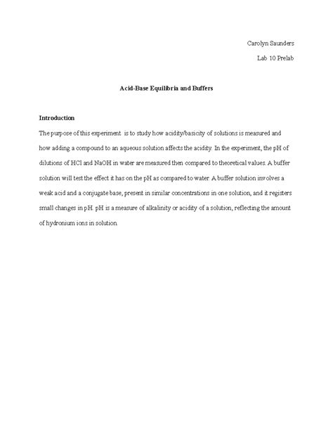 Lab 10 Prelab Carolyn Saunders Lab 10 Prelab Acid Base Equilibria