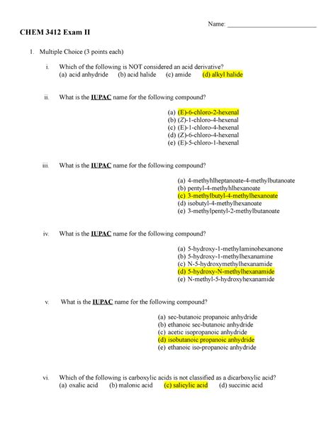 Exam II Key Agee Name CHEM 3412 Exam II Multiple Choice 3
