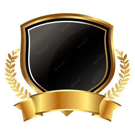 금색 테두리 황금 리본과 월계수 가지가 있는 검은 방패 프리미엄 벡터
