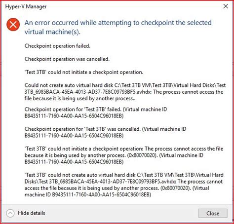 Checkpoint Operation Failed Used By Another Process Hyper V On Server 2016 Virtualization