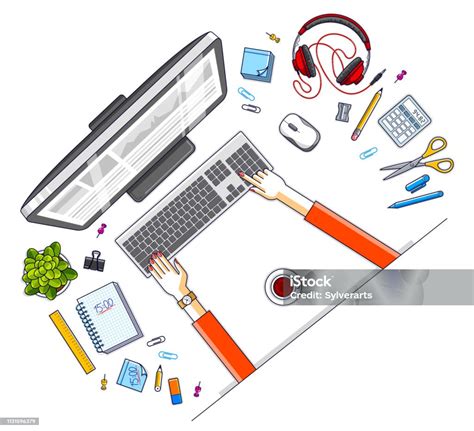 사무실 직원 또는 기업가 작업 책상 직장 손과 Pc 컴퓨터와 다양 한 편지지 개체 작업에 대 한 평면도 모든 요소는 개별적으로 사용 하기 쉽습니다 벡터 일러스트입니다 3차원