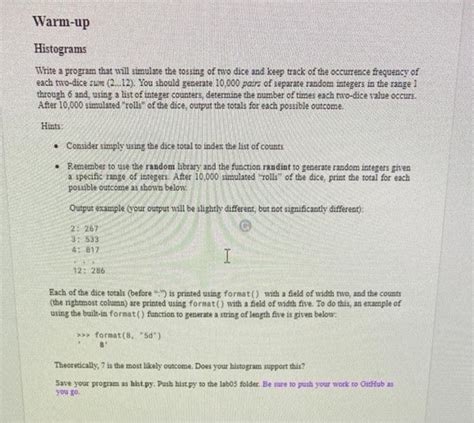 Solved Warm Up Histograms Write A Program That Will Simulate