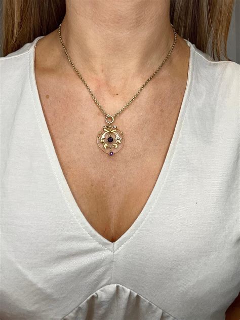 Antique 9ct Gold Edwardian Amethyst And Seed Pearl Pendant For Sale At