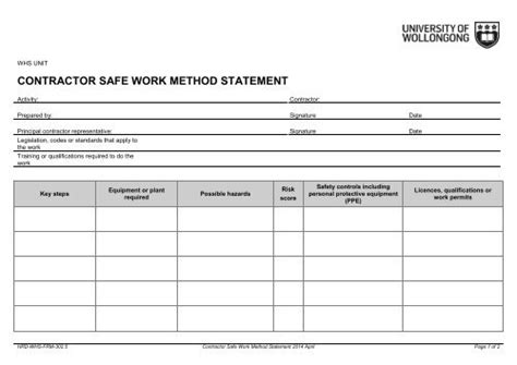 Contractor Safe Work Method Statement Staff