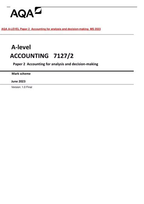 AQA A LEVEL Paper 2 Accounting For Analysis And Decision Making MS 2023 AQA Stuvia US