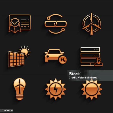 수소차 태양 에너지 패널 태양 고객 관리 서버 풍력 터빈이 있는 전구 태양 회전 및 인증서 템플릿 아이콘을 설정합니다 벡터 검은색에 대한 스톡 벡터 아트 및 기타 이미지