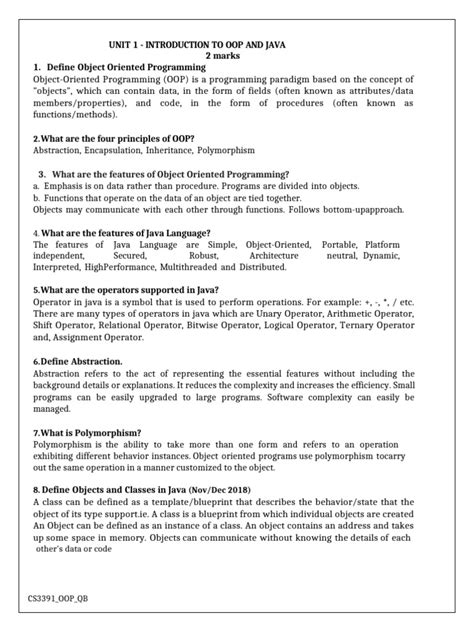 Iiicsecs3391oopqbunit1 Pdf Object Oriented Programming Class