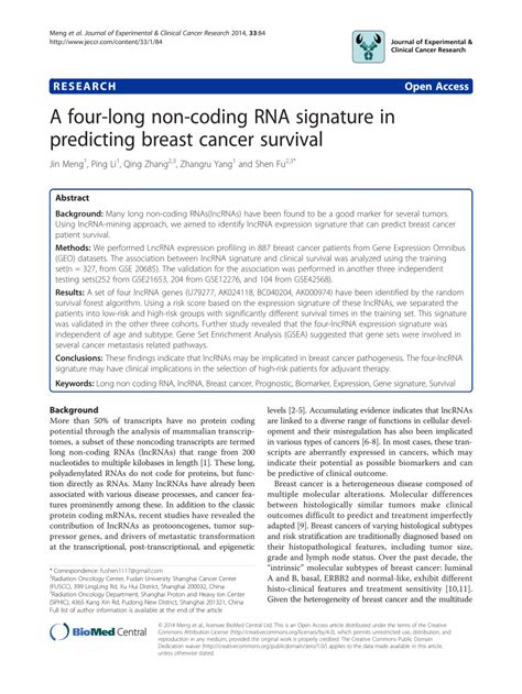 Pdf A Four Long Non Coding Rna Signature In Predicting Breast Cancer Survival