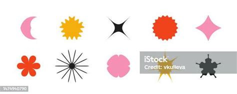 추상 별과 꽃 모양 컬렉션입니다 스위스 또는 바우 하우스 스타일의 원시 기하학적 형태 잔인한 요소는 포스터 배너 콜라주를 위해