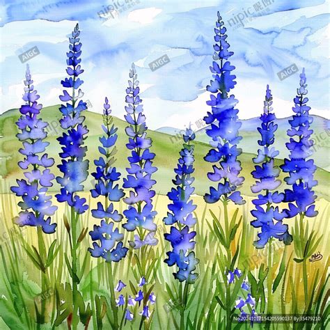 Ai创作图薰衣草水粉画 手绘熏衣草 飞燕草装饰画 薰衣草美术绘画 蓝紫色花丛 彩绘唯美薰衣草挂画 蓝紫色小花丛 夏枯草插画 薰衣草风景画 紫色花插画 手绘薰衣草日历插画 紫色花朵插画 手绘风铃