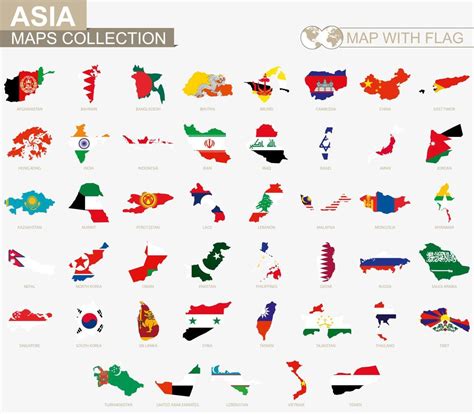 Asia Flag Map Asian Countries Flags Set 3 Vector Illustration
