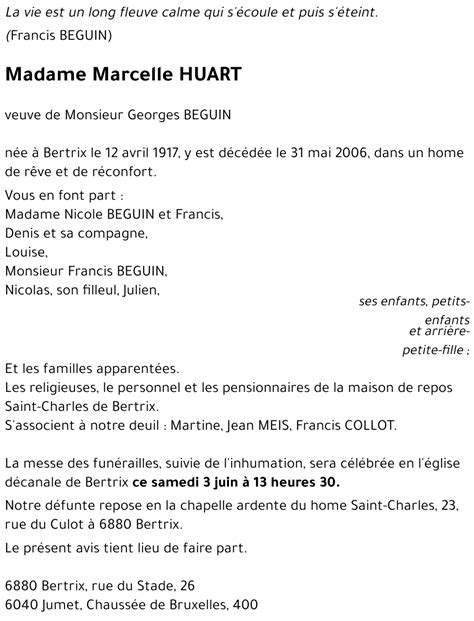 Avis De Décès De Marcelle Huart Décédé Le 31 05 2006 à Bertrix