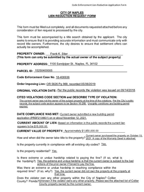 Fillable Online City Of Naples Lien Reduction Request Form Fax Email Print Pdffiller