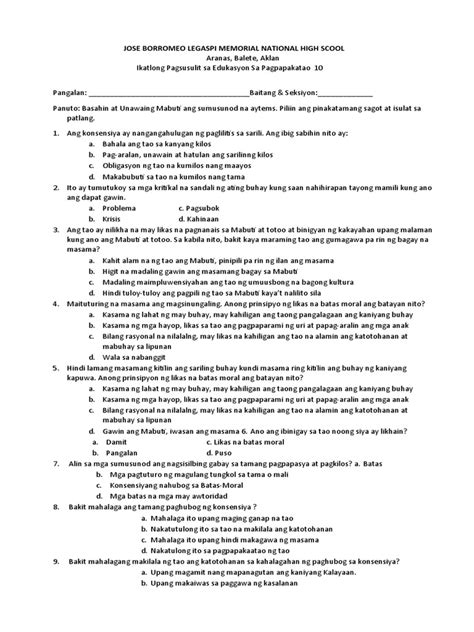 Esp 10 3rd Quarter Exam Pdf