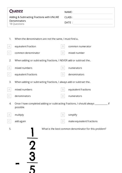 50 Adding Fractions With Unlike Denominators Worksheets For 5th Grade On Quizizz Free And Printable