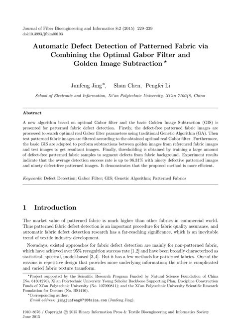 Global Science Press Automatic Defect Detection Of Patterned Fabric
