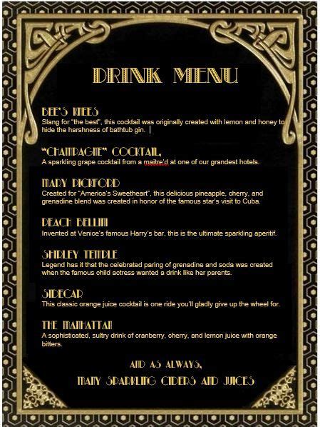 Art Deco Cocktail Menu Classic Cocktail Drink List