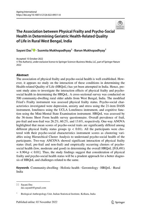 Pdf The Association Between Physical Frailty And Psycho‑social Health In Determining Geriatric