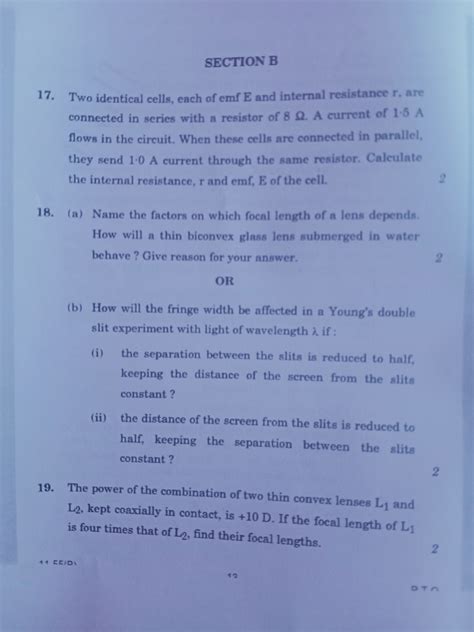 Section B Two Identical Cells Each Of Emf E And Internal Resistance R