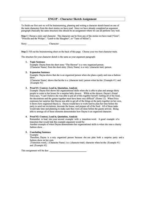 Character Sketch Assignment Printable Pdf Download