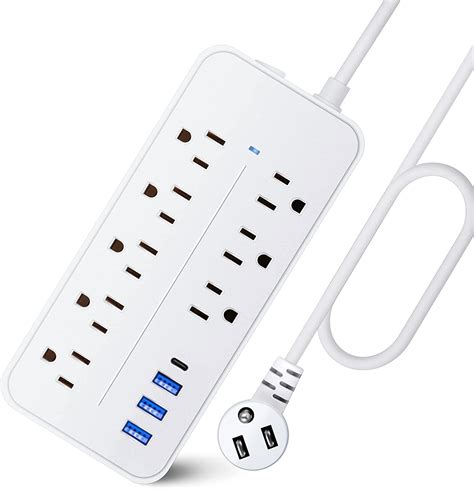 15ft Surge Protector Power Strip Extension Cord With Usb C Asamoom Flat Plug Power