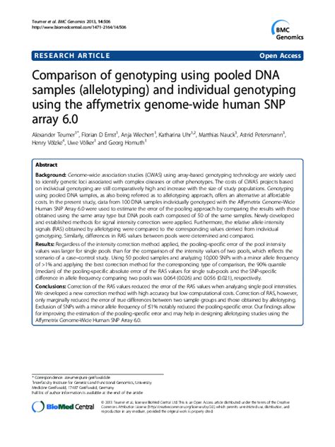 Pdf Comparison Of Genotyping Using Pooled Dna Samples Allelotyping And Individual Genotyping
