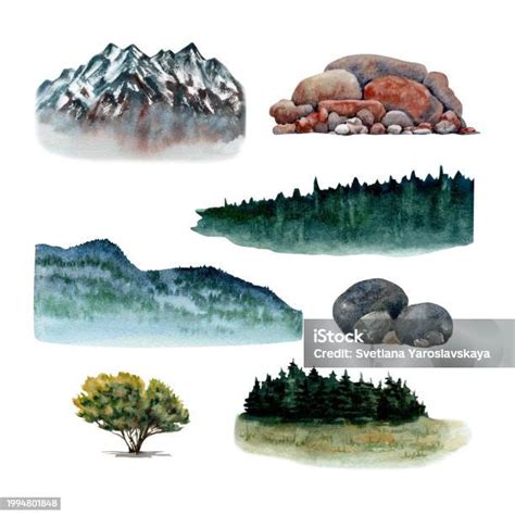 자연 배경 미니 세트입니다 산 나무 꼭대기 바위 나무 요소 흰색 배경에 고립된 수채화 그림입니다 관광 야외 활동 오프로드 캠핑 디자인을 위한 손으로 그린 디자인 4x4