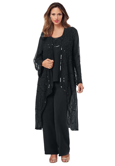Roamans Womens Plus Size Three Piece Beaded Pant Suit Formal Evening
