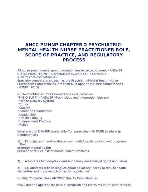 Ancc Pmhnp Chapter 2 Psychiatric Mental Health Nurse Practitioner Role