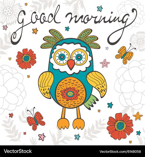 Good Morning Concept Card With Cute Owl Character Vector Image