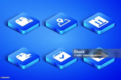 잠긴 패키지 체크 표시가 있는 패키지 상자 배달 우산 지도의 자리 표시자 및 판지 교통 아이콘을 설정합니다 벡터 3차원 형태에 대한 스톡 벡터 아트 및 기타 이미지 Istock