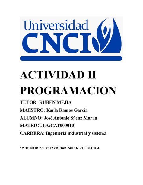 Actividad 2 Programacion Actividad Ii Programacion Tutor Ruben Mejia Maestro Karla Ramos