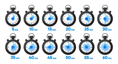 10 15 20 25 30 35 40 45 50 분 타이머 시계 스톱워치 격리 된 세트 아이콘 다른 분이 있는 주방 타이머 아이콘입니다 요리 시간 기호입니다 어떤 목적에도