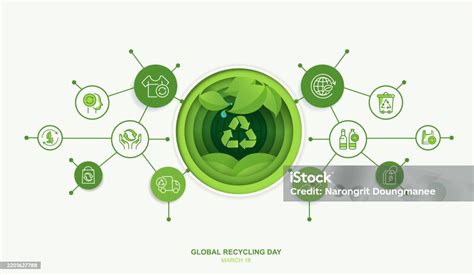 아이콘이 있는 세계 재활용의 날의 종이 예술 환경 지속 가능성의 재활용 재활용 기호 쓰레기통 플라스틱 병 환경 보호 폐기물 감소 벡터 디자인 석탄에 대한 스톡 벡터 아트 및