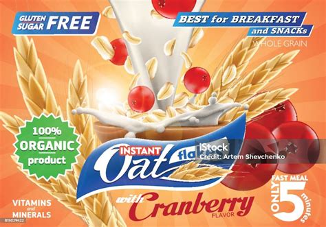 귀리는 큰 우유 스플래시와 플라이어 벡터 일러스트 레이 션을 광고 하는 신선한 크랜베리와 조각 광고 Broshure 포스터 또는 라벨 디자인을 위한 고품질 예술 0명에 대한