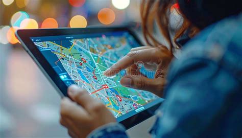 Navigating City Streets Urban Environment Digital Map Interaction Daytime Close Up Perspective
