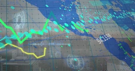 Image Of Data Processing And World Map Over Cityscape Stock Image