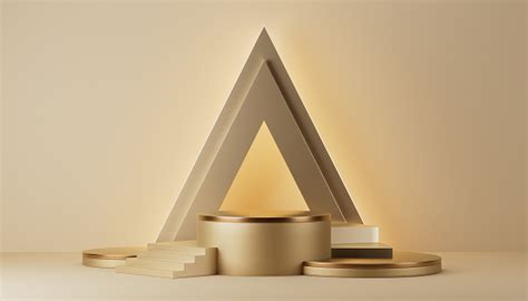 금 실린더 계단 삼각형 제품 진열대 고급 화장품 쇼케이스 광고 개념 3d 렌더링 그림 금 금속에 대한 스톡 사진 및 기타 이미지 금 금속 금메달 금색 Istock